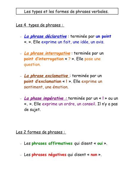 Les types et les formes de phrases verbales