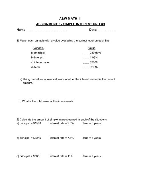 A&W MATH 11 ASSIGNMENT 3 - SIMPLE INTEREST UNIT #3 ...
