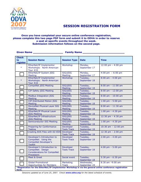 SESSION REGISTRATION FORM - ODVA
