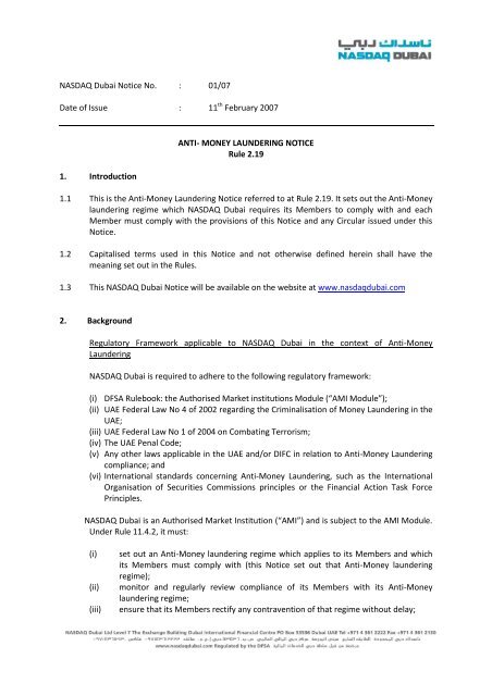 AML Notice - NASDAQ Dubai
