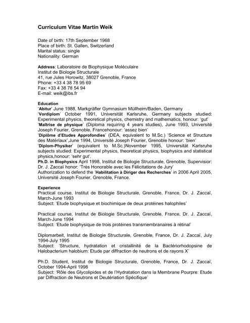 Curriculum Vitae Martin Weik - European Biophysical Societies