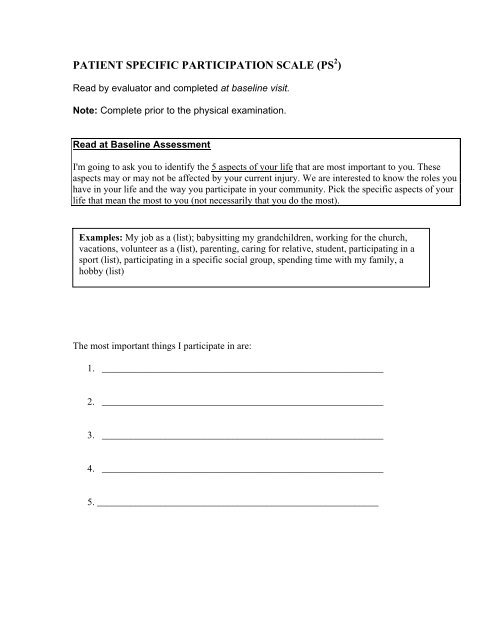 PATIENT SPECIFIC PARTICIPATION SCALE (PS )