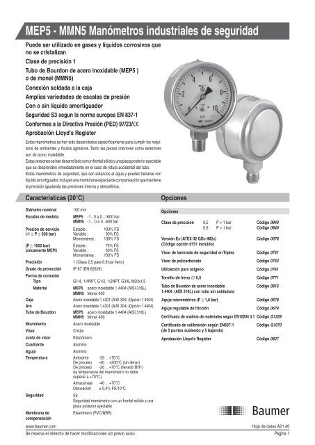MEP5 - MMN5 Manómetros industriales de seguridad - Baumer