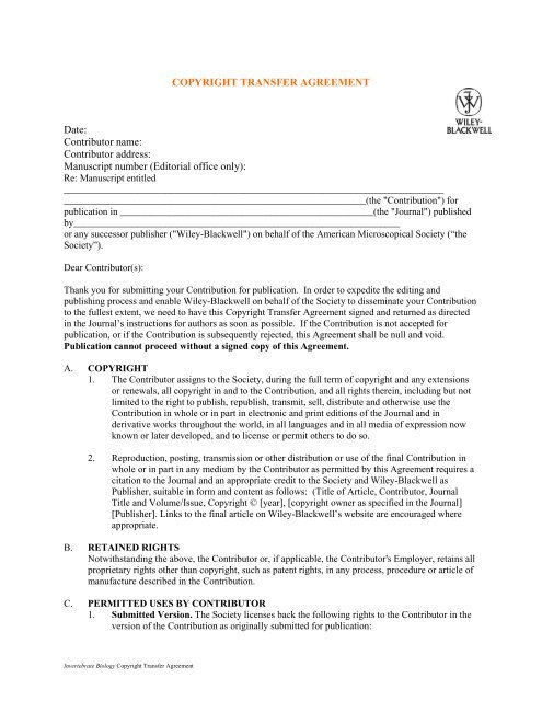 COPYRIGHT TRANSFER AGREEMENT - Wiley