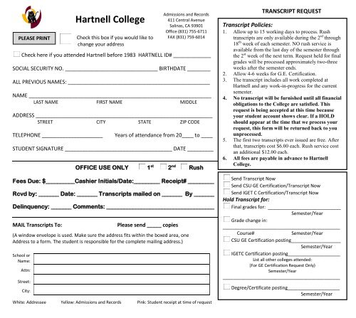 Transcript Request Form - Hartnell College!!