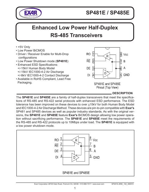SP481E / SP485E Enhanced Low Power Half-Duplex RS-485 ...