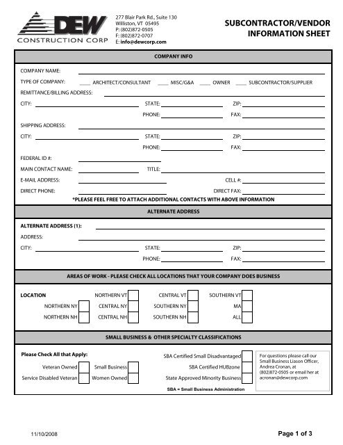 subcontractor/vendor information sheet - DEW Construction Corp