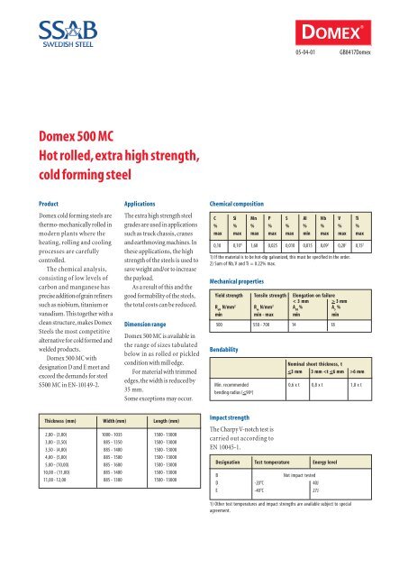 Domex 500 MC Hot rolled, extra high strength, cold forming steel