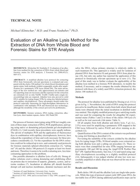 Evaluation of an Alkaline Lysis Method for the Extraction of DNA ...