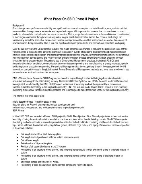 White Paper On SBIR Phase II Project - Dimensional Control Systems