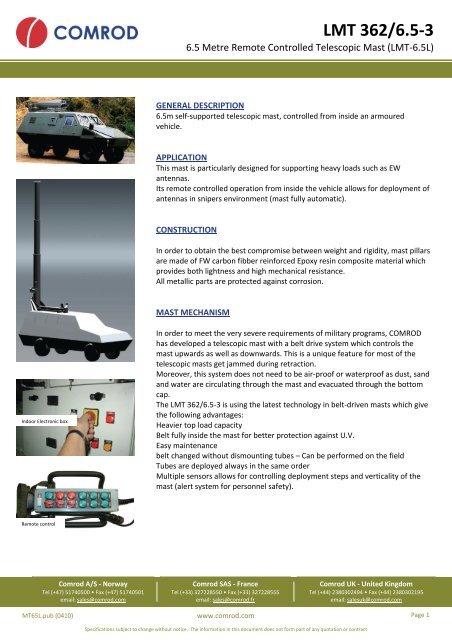 Remote controlled telescopic mast, 6.5m - Comrod