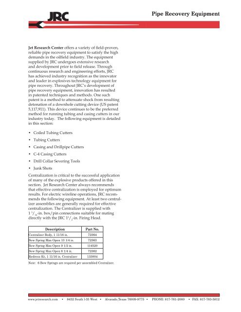 Pipe Recovery Equipment - Jet Research Center