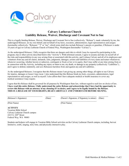 Liability and Medical Release Form - Calvary Lutheran Church