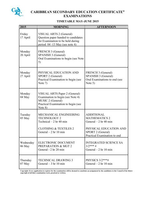 Timetable CSEC 2015 May-June - A4 size