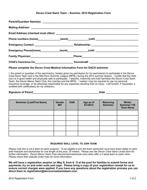 Devon Crest Swim Team – Summer, 2012 Registration Form Paren