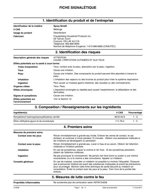 FICHE SIGNALÃ TIQUE 1. Identification du produit et de l'entreprise ...