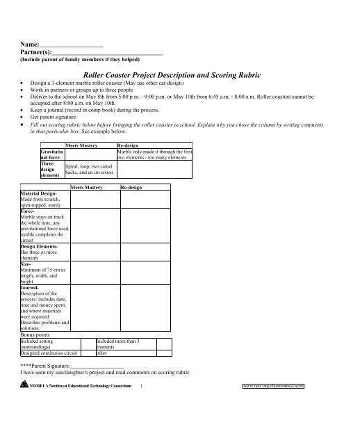 Roller Coaster Project Description and Scoring Rubric - Northwest ...