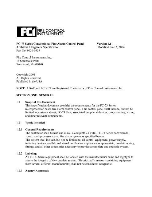 FC-73 Series Conventional Fire Alarm Control ... - Gamewell-FCI