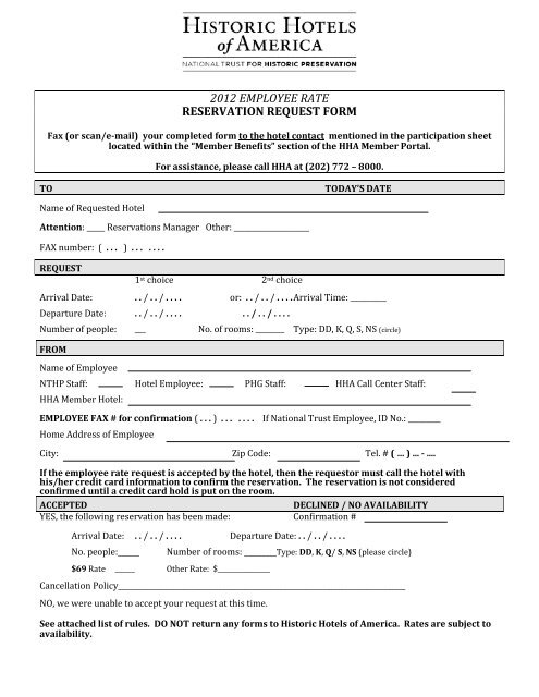 2012 employee rate reservation request form - Historic Hotels of ...
