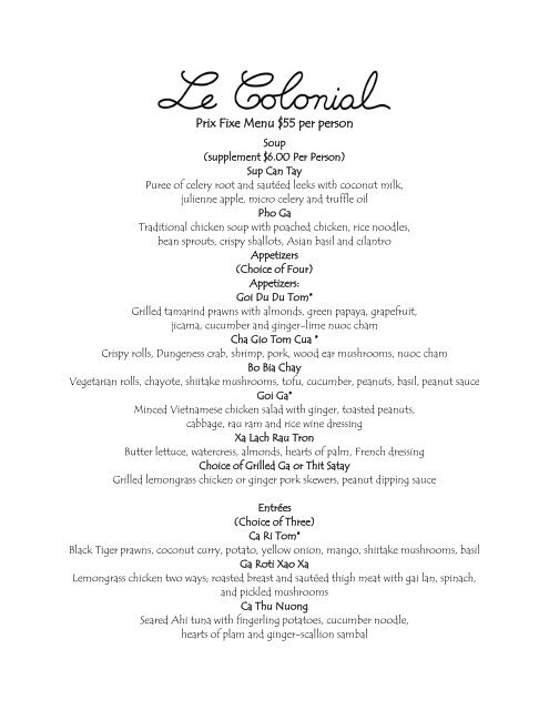 Prix Fixe Menu $55 per person - Le Colonial