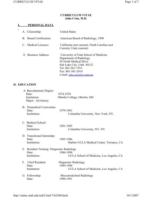 CURRICULUM VITAE Julia Crim, M.D. I. PERSONAL DATA A ...