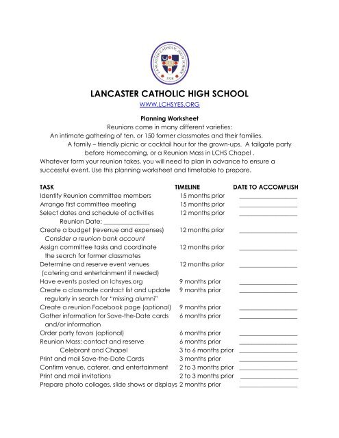 Class Reunion Planning Worksheet - Lancaster Catholic High School