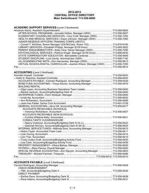 CENTRAL AND REGIONAL OFFICE DIRECTORY