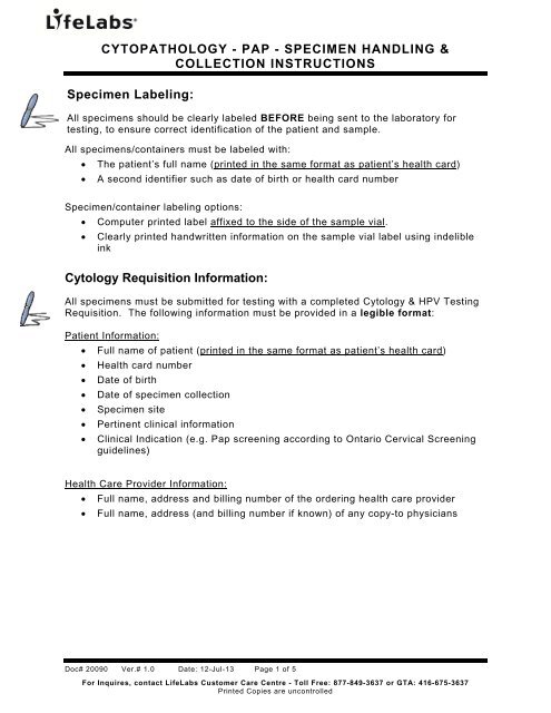 CYTOPATHOLOGY - PAP - SPECIMEN HANDLING ... - Lifelabs