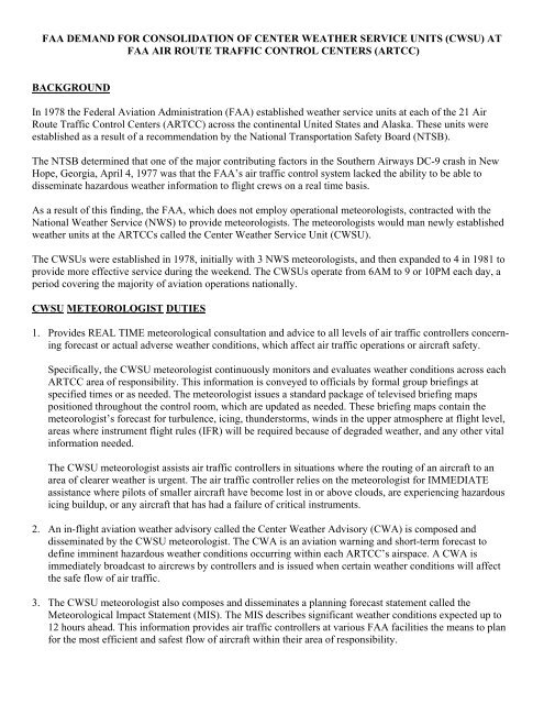 (cwsu) at faa air route traffic control centers (artcc) - National ...