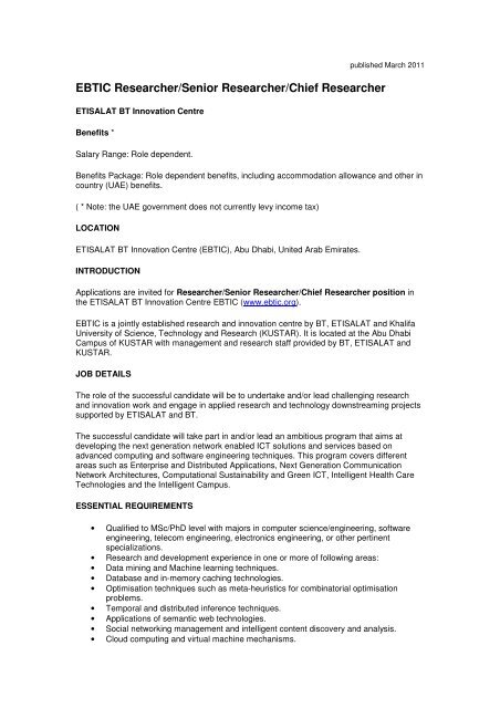 EBTIC Researcher/Senior Researcher/Chief ... - Khalifa University