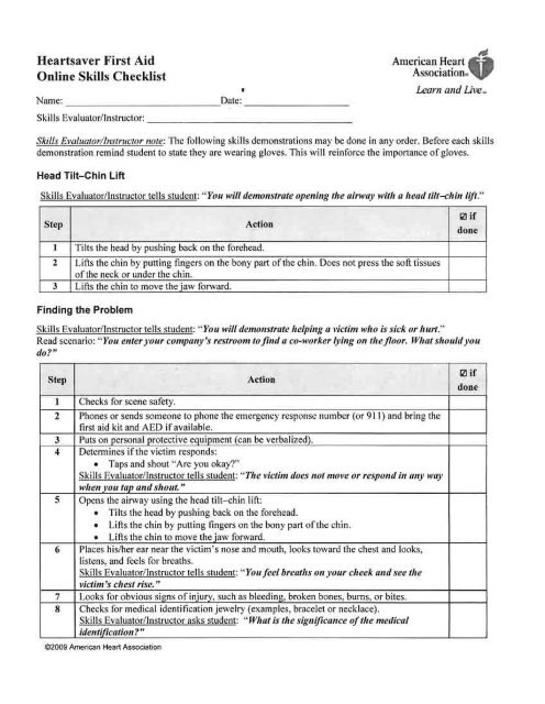 First Aid Skills Checklist