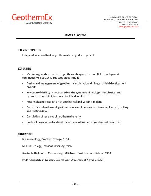 Jim Koenig's complete CV - GeothermEx Inc