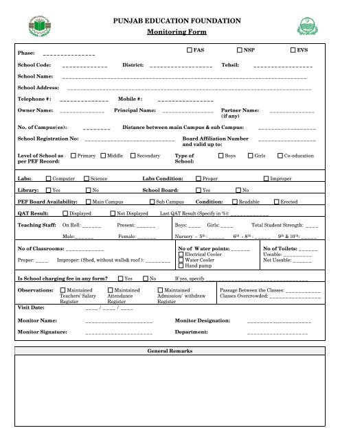 PUNJAB EDUCATION FOUNDATION Monitoring Form