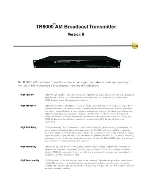 TR6000 AM Broadcast Transmitter - Information Station Specialists