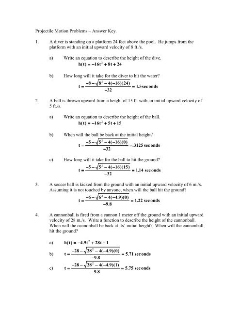 Projectile Motion Problems Answer Key 1 A Diver Is Standing On A 