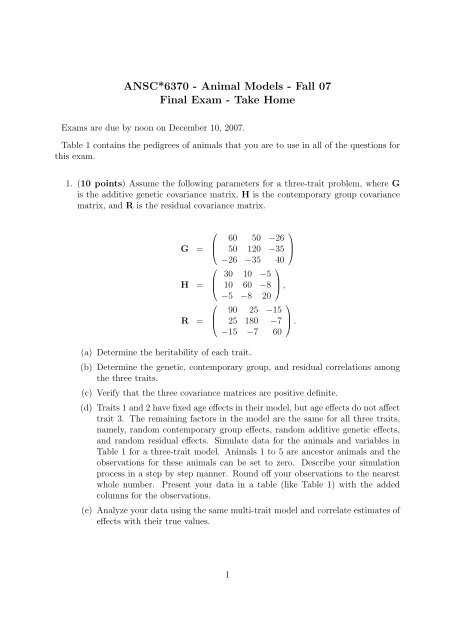 ANSC*6370 - Animal Models - Fall 07 Final Exam - Take Home