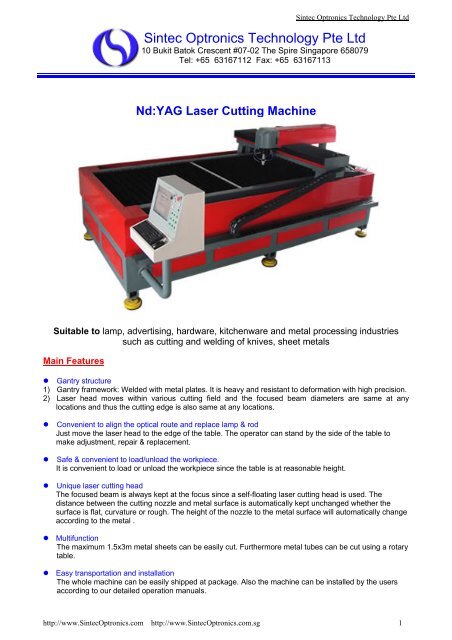 Nd:YAG laser cutting machine - Sintec Optronics Pte Ltd