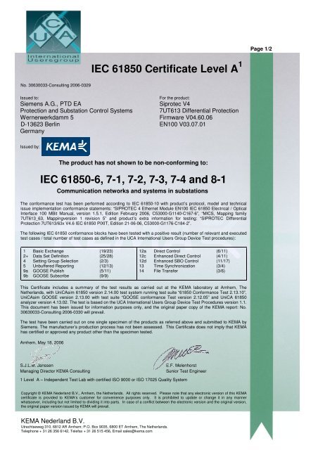 IEC 61850 Certificate Level A IEC 61850-6, 7-1, 7-2, 7-3, 7 ... - Testing