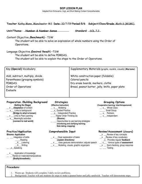 SIOP LESSON PLAN ACT ESL