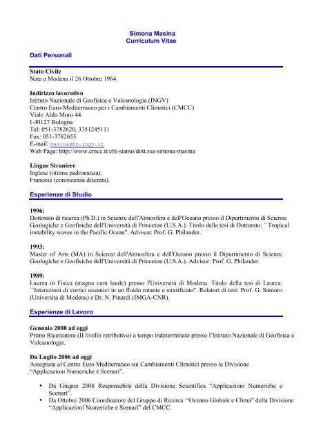Simona Masina Curriculum Vitae Dati Personali Stato Civile ... - CMCC