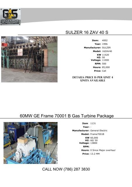 SULZER 16 ZAV 40 S 60MW GE Frame 70001 B Gas Turbine - PAGE