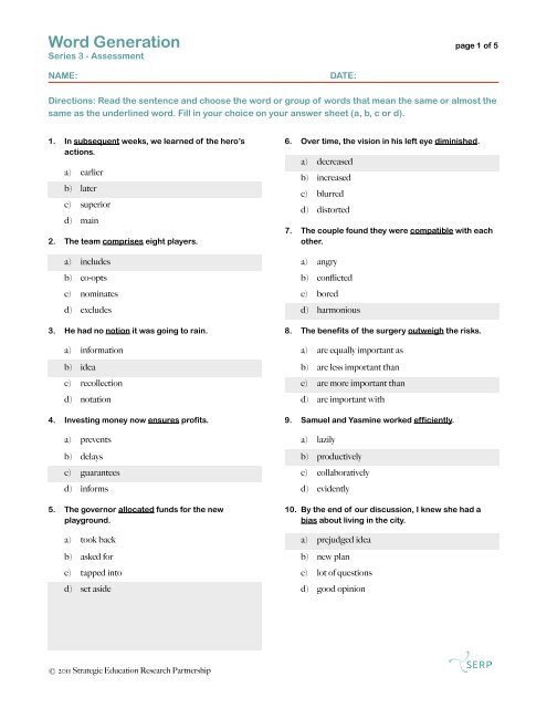 Series 3 - answer key - Word Generation