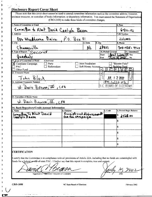 H Disel-osure Report Cover Sheet - State Board of Elections