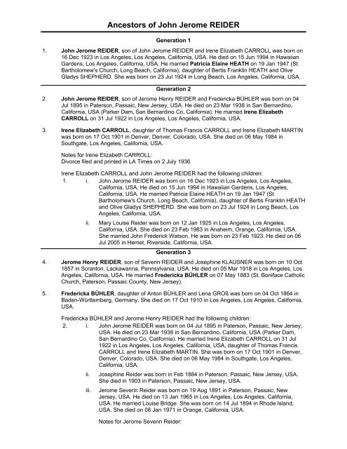 Ancestors of John Jerome REIDER - Reider Family