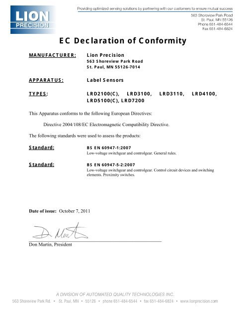 CE Declaration of Conformity - Lion Precision