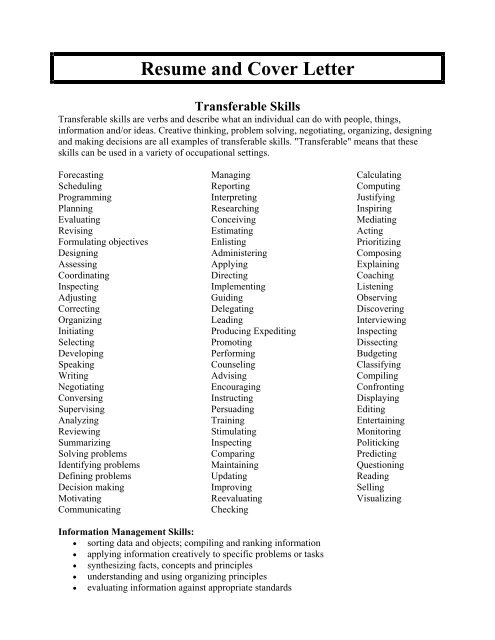 TRANSFERABLE SKILLS â Action Verbs