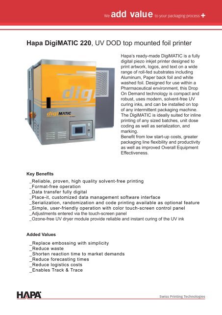 Hapa Digimatic 220, UV DOD top mounted foil printer