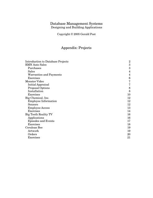 Database Management Systems Appendix: Projects - Jerry Post