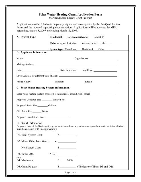 Solar Water Heating Grant Application Form
