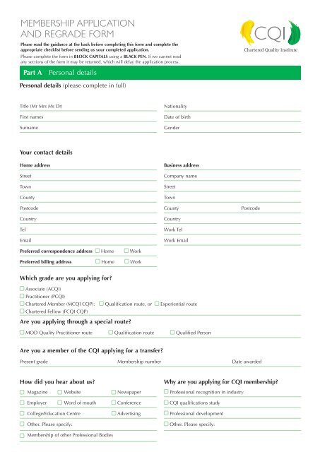 CQI membership application form - Chartered Quality Institute